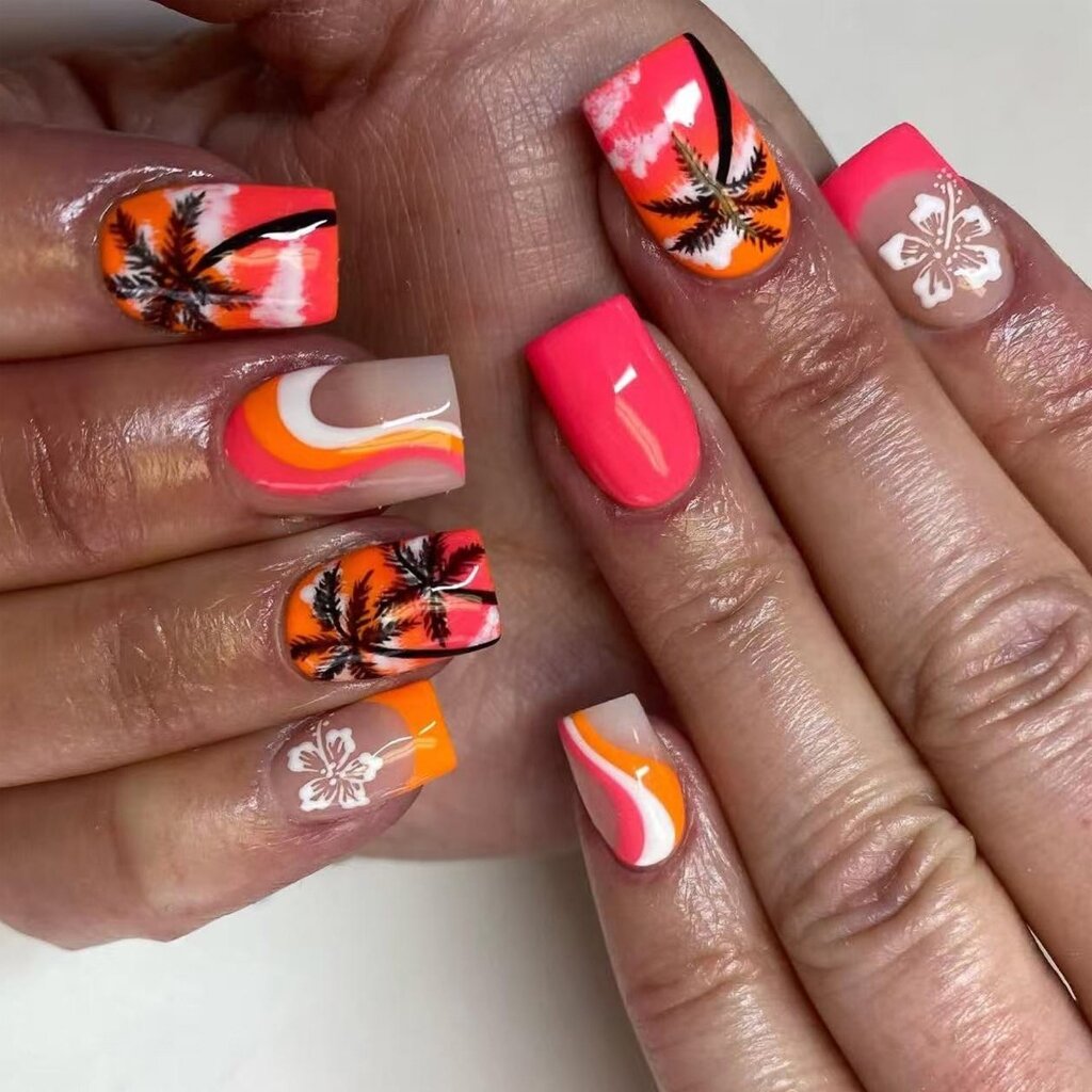 Короткий Квадратный Пресс на Ногтях Французские Типсы Поддельный Ноготь Полное Покрытие Накладного Ногтя с Цветочным Рисунком Искусственный Акриловый Ноготь