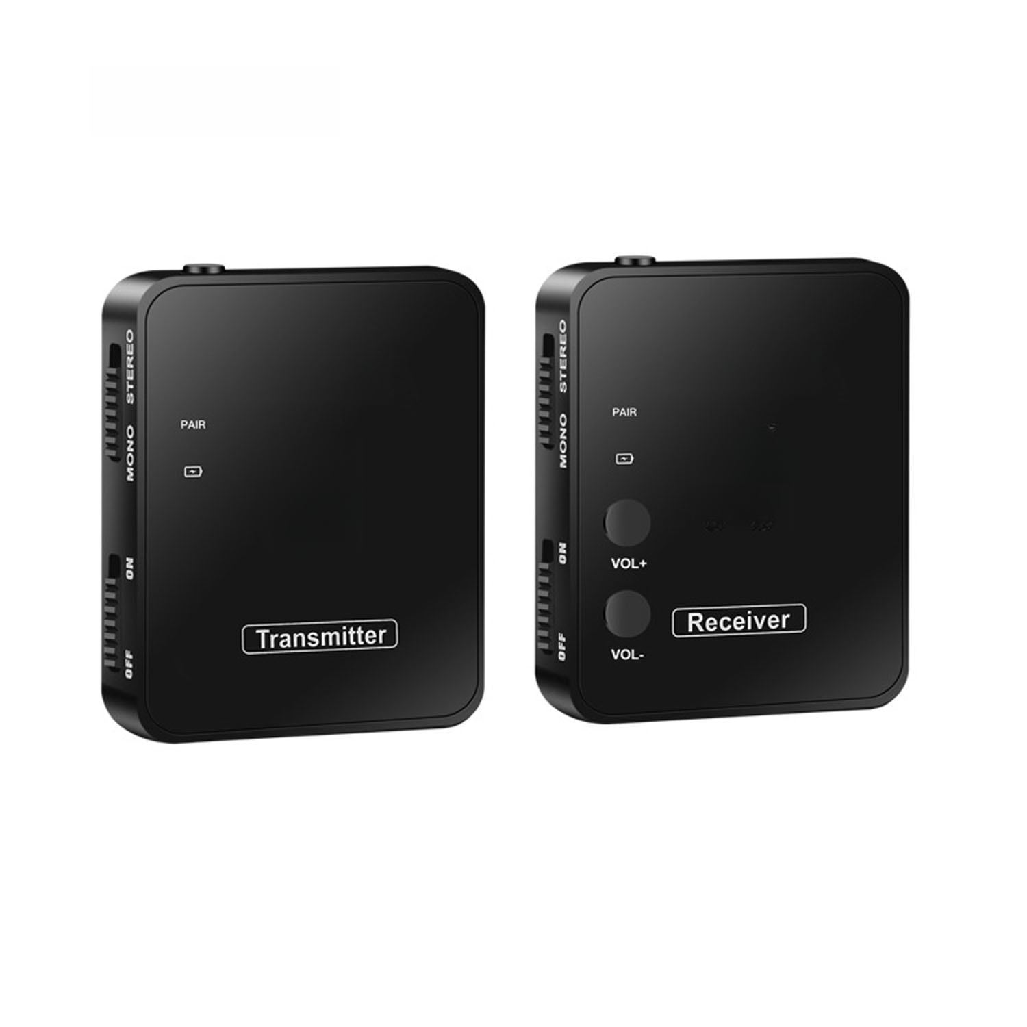 M-VAVE SWS10 Система передачи беспроводных наушников мониторов 2.4GHz с подзарядным передатчиком и приемником, 24bit/48KHz, задержка <12ms, дальность 30 метров на открытом пространстве, 15 метров через стены, батареи 780mAh и 550mAh, вес 103g, размер