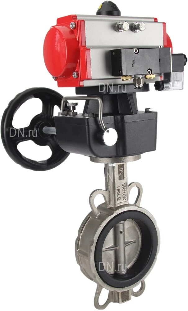 Затвор дисковый поворотный DN. ru 304-304-EPDM-2W-Fb-H Ду65 Ру16, корпус - нержавеющая сталь 304, диск - нержавеющая сталь 304, EPDM, с пневмоприводом DA-065, пневмораспределителем PND2-S1EM-52-1NC-J08-220VAC и ручным дублером HDM-1