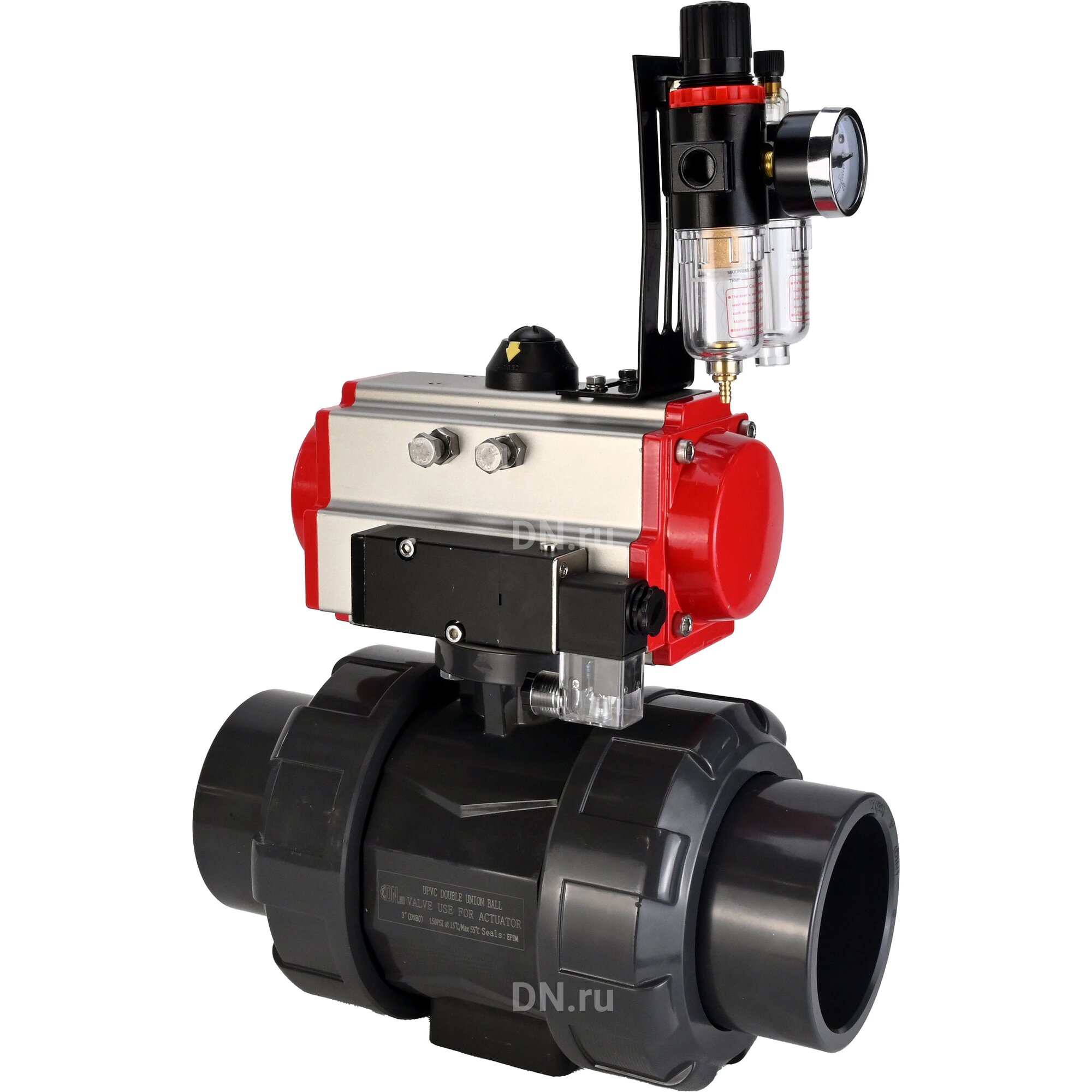 Кран шаровой DN.ru НПВХ-НПВХ-E-FP-GRM-ISO Дн15 Ру10 полнопроходной, корпус - НПВХ, шар - НПВХ, уплотнение - EPDM, с пневмоприводом DA-052, пневмораспределителем PND2-S1EM-52-1NC-J08-220VAC и БПВ APU1-10-40-V08