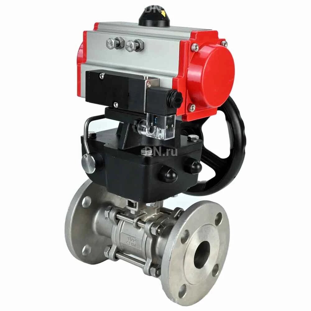 Кран шаровой DN.ru 316-316-FP-F-ISO-H Ду80 Ру40 фланцевый с ISO-фланцем, корпус - нержавеющая сталь 316, полнопроходной, уплотнение - PTFE, с пневмоприводом DA-083, пневмораспределителем PND2-S1EM-52-1NC-J08-220VAC, ручным дублером HDM-2