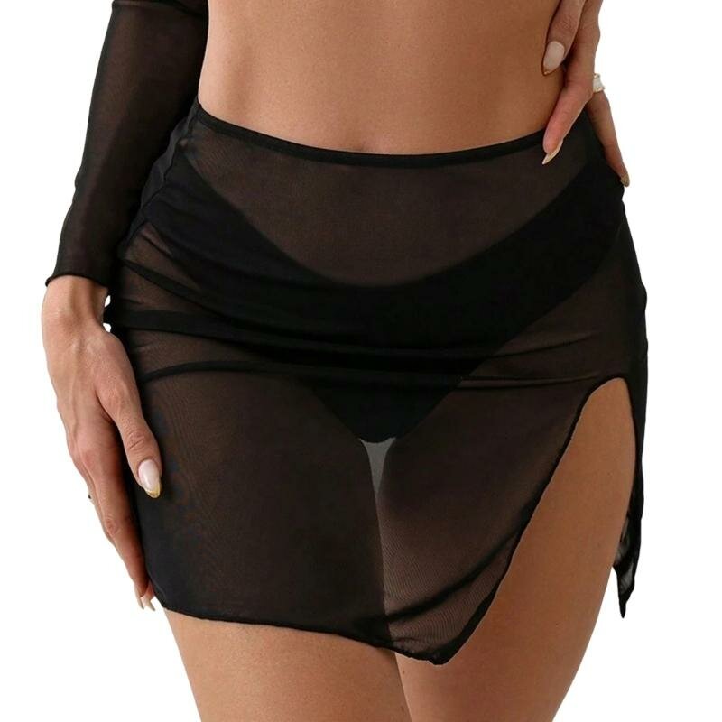 Прозрачная сетчатая накидка для пляжа с разрезом, Черный - XXL