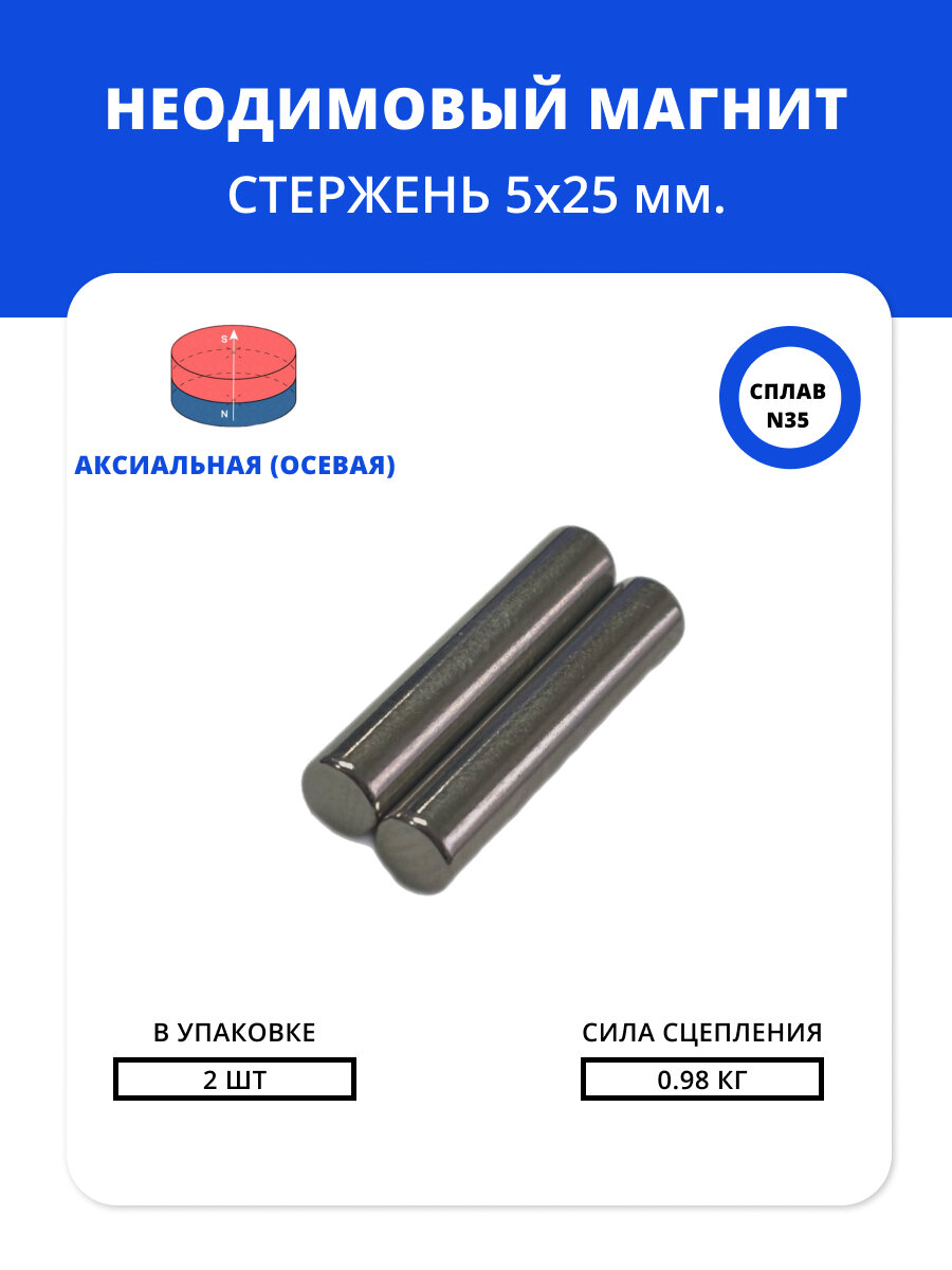 Магниты неодимовые стержни 5х25 мм для доски и креплений, набор 2 штуки