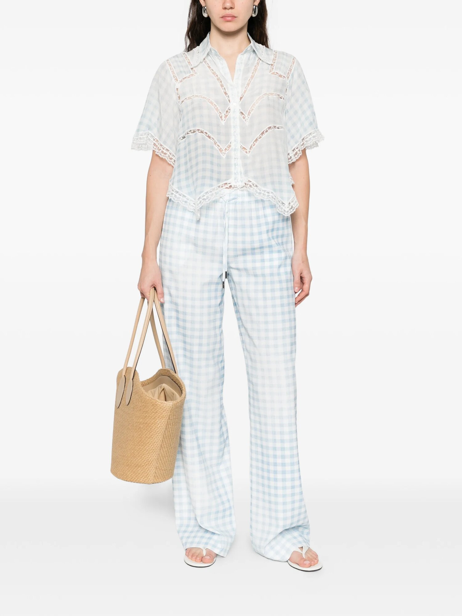 Рубашка Ermanno Scervino Check-pattern lace-trim shirt, размер 40, бежевый/белый — фото 1