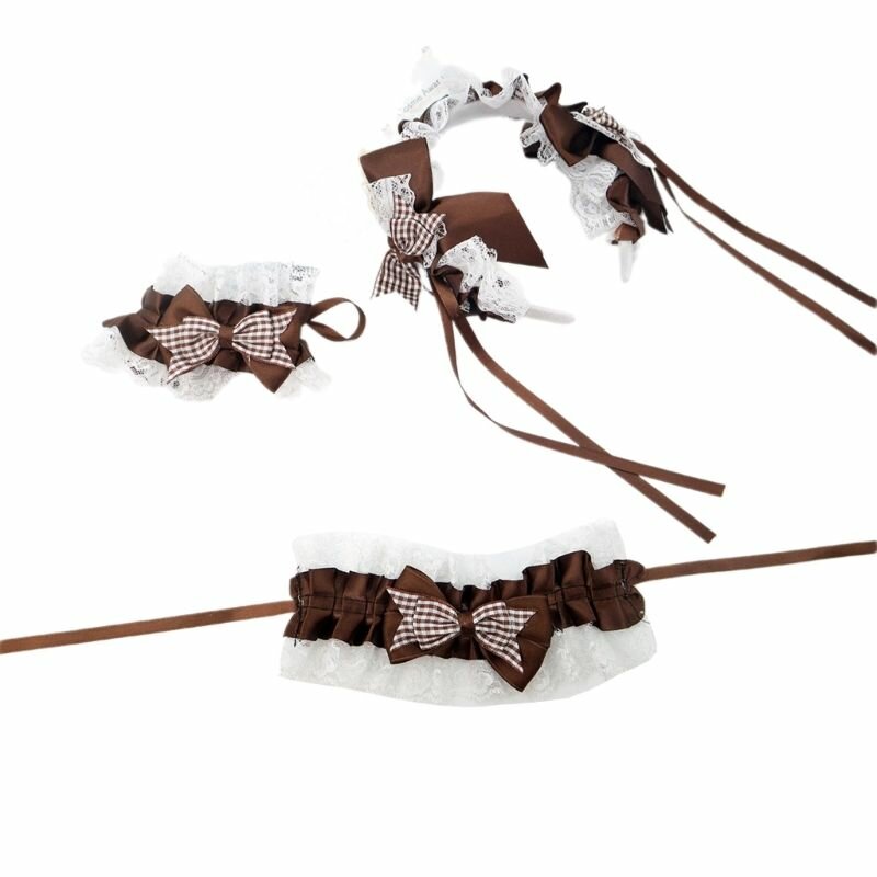 Браслет-ободок с кружевным бантом-Коричневый