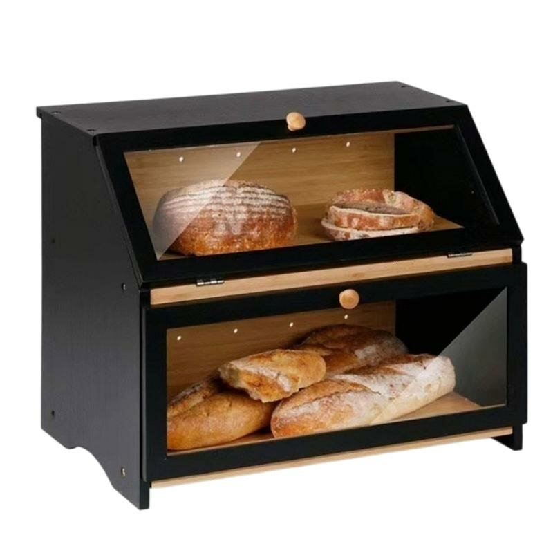 Деревянная хлебница с двойным ярусом и прозрачной крышкой, Тип A черный