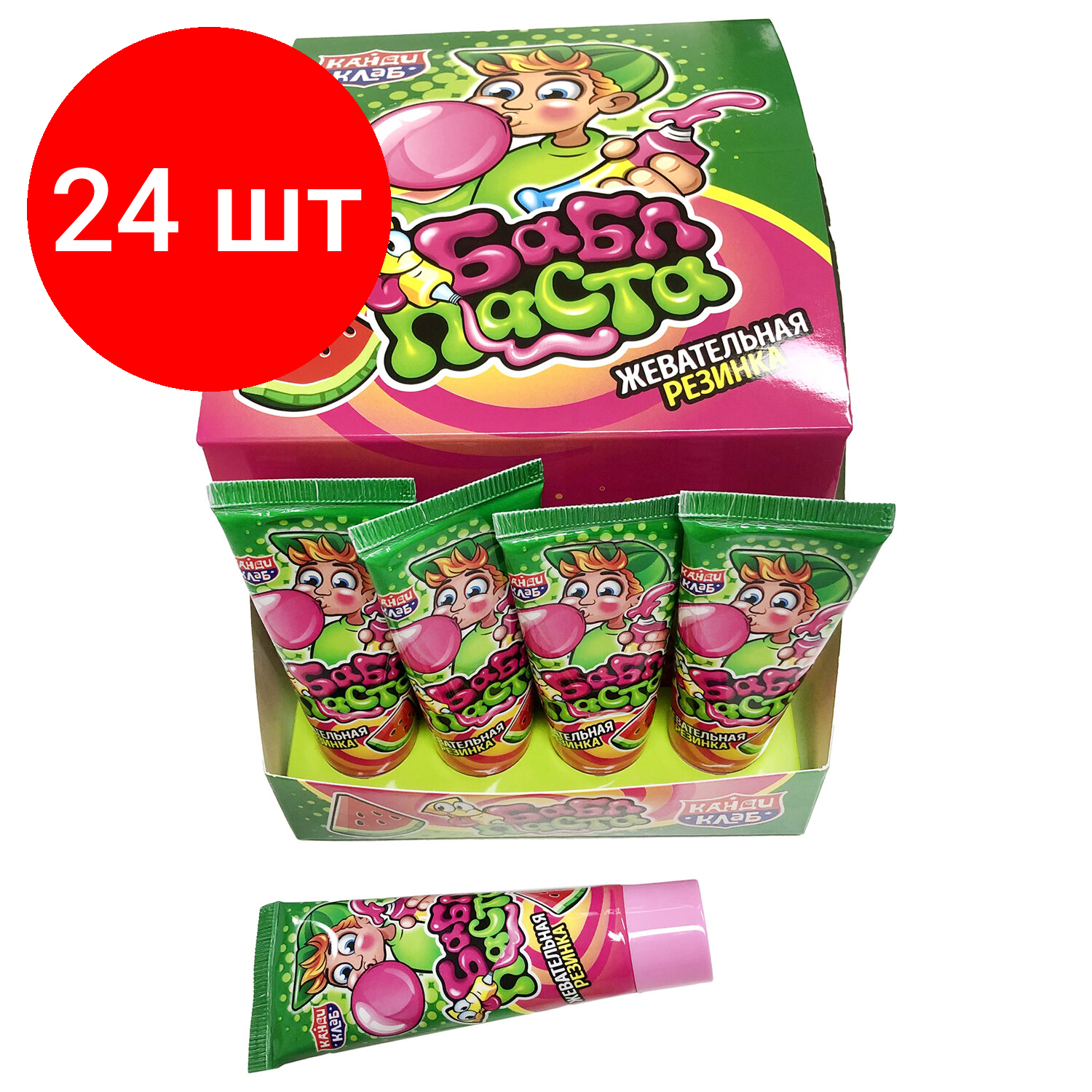 Комплект 24 шт, Жевательная резинка "Бабл паста" со вкусом арбуза, 20 г, канди клаб, GUM096