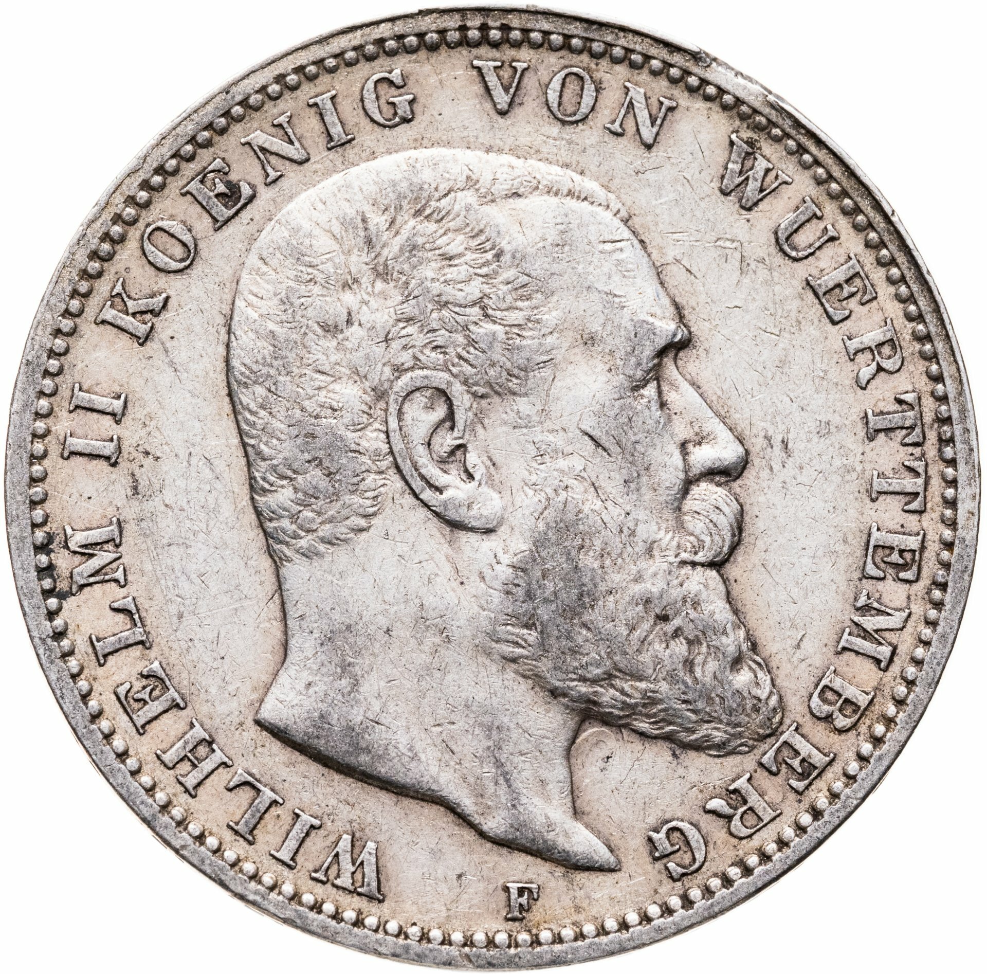 Германская Империя, Вюртемберг 3 марки 1908 F, Серебро 900, в сохранности XF