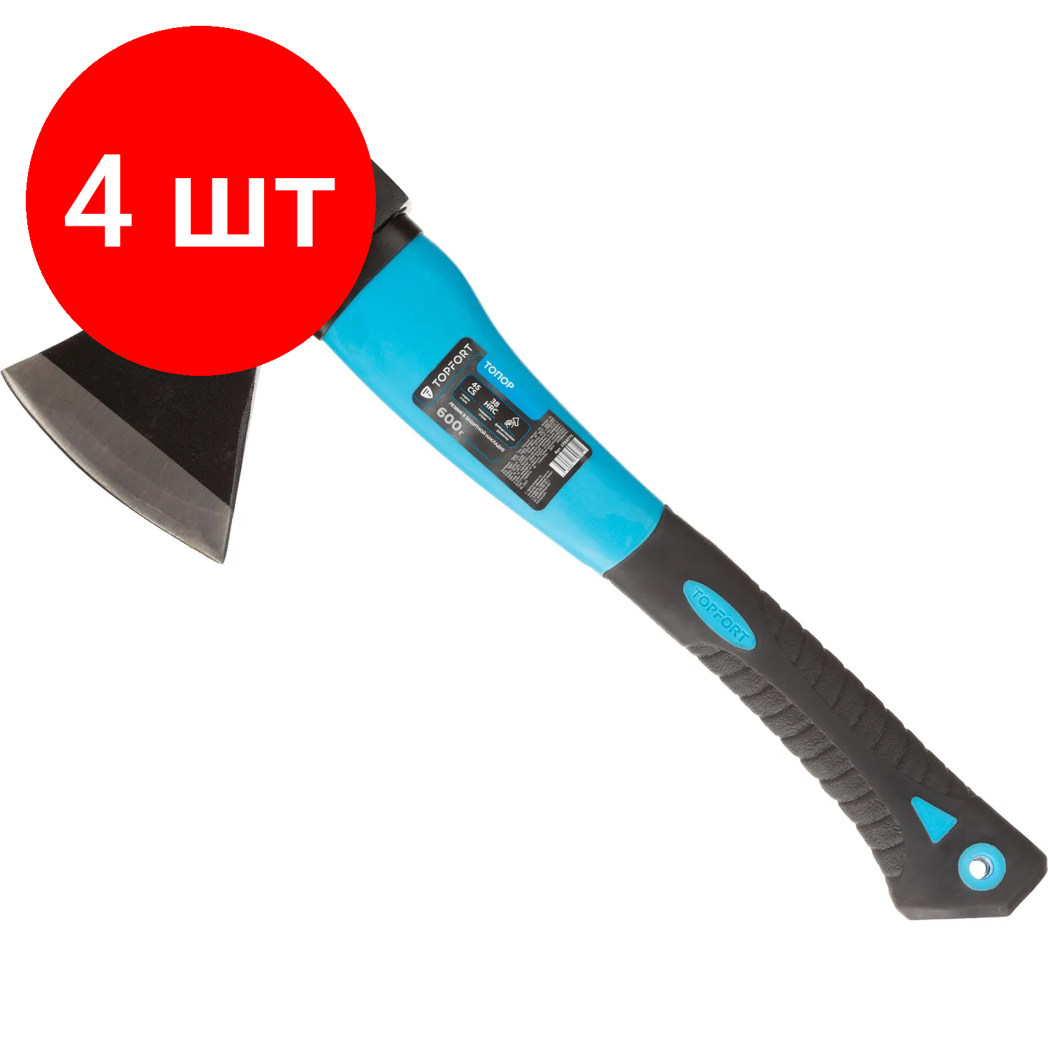 Комплект 4 штук, Топор 600 г из углеродистой стали TOPFORT фибергласовое топорище