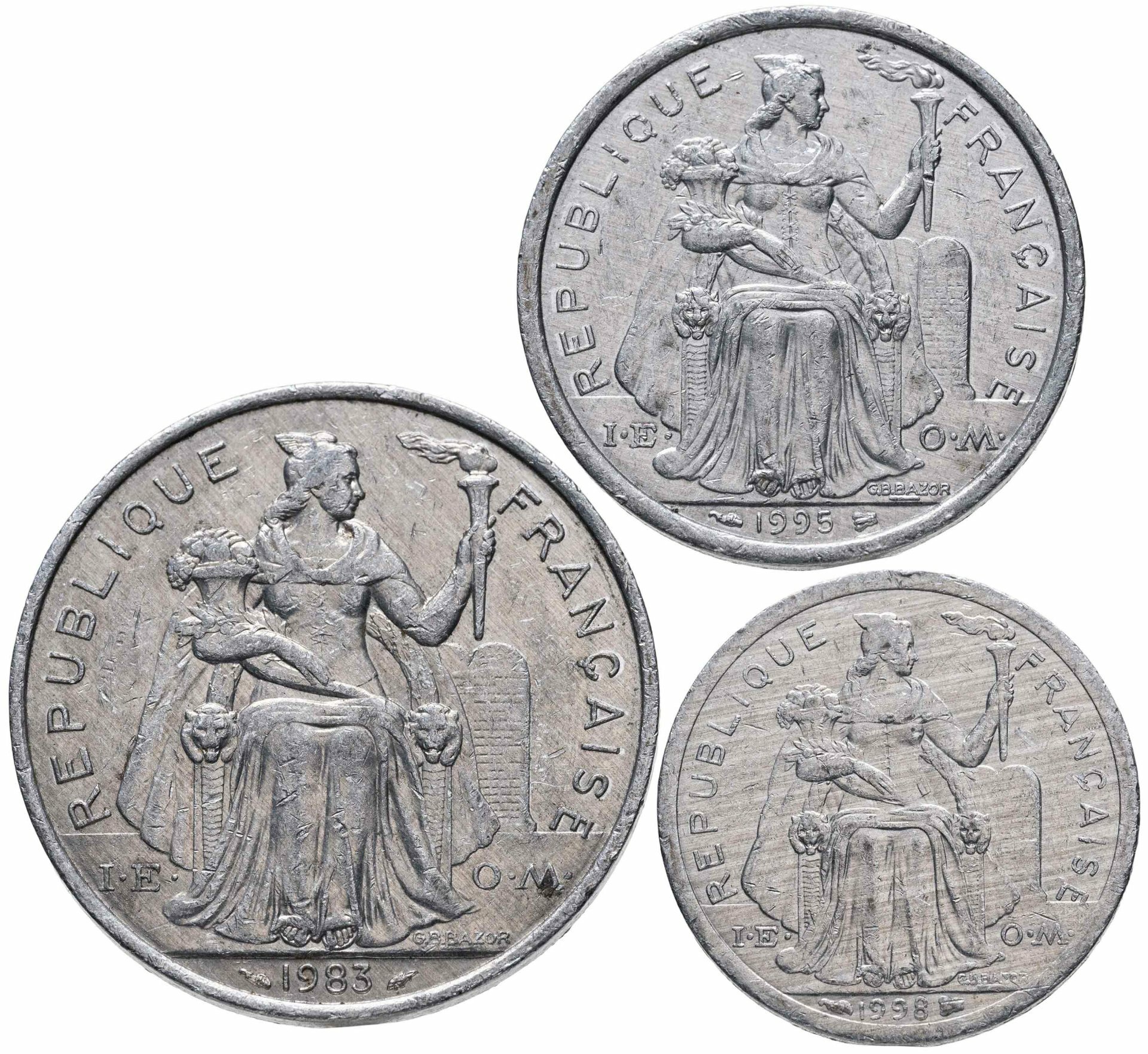 Французская Полинезия набор 1,2,5 франков 1975-2011 Алюминий, в сохранности VF-XF
