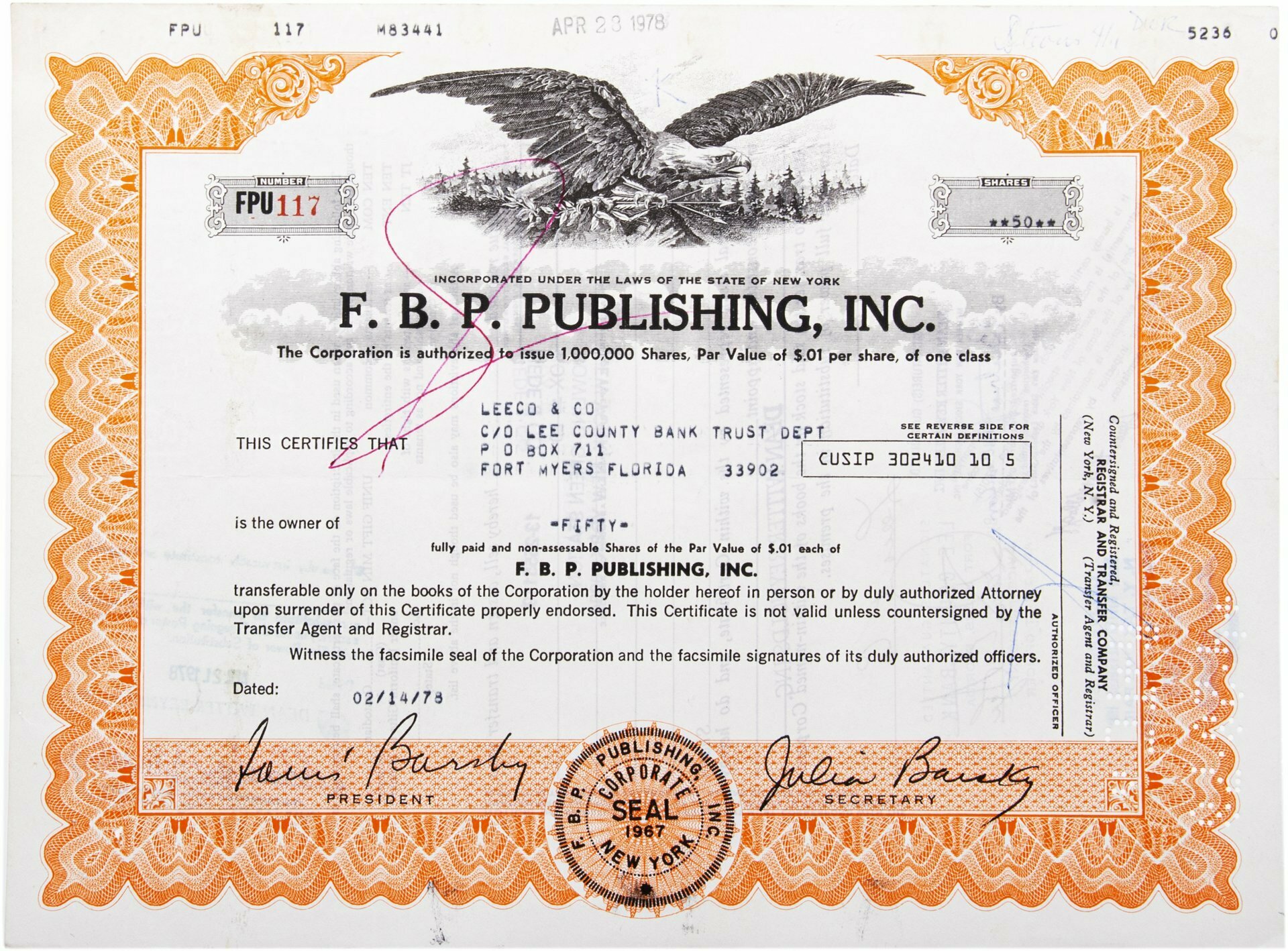 Акция США "F B P PUBLISHING, INC " 1978 г