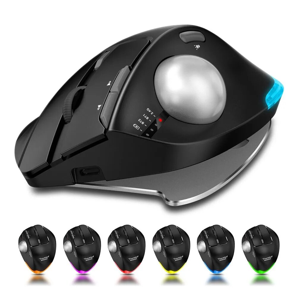 Мышь беспроводная Trackball, черный, эргономичная, с подсветкой, встроенный трекбол