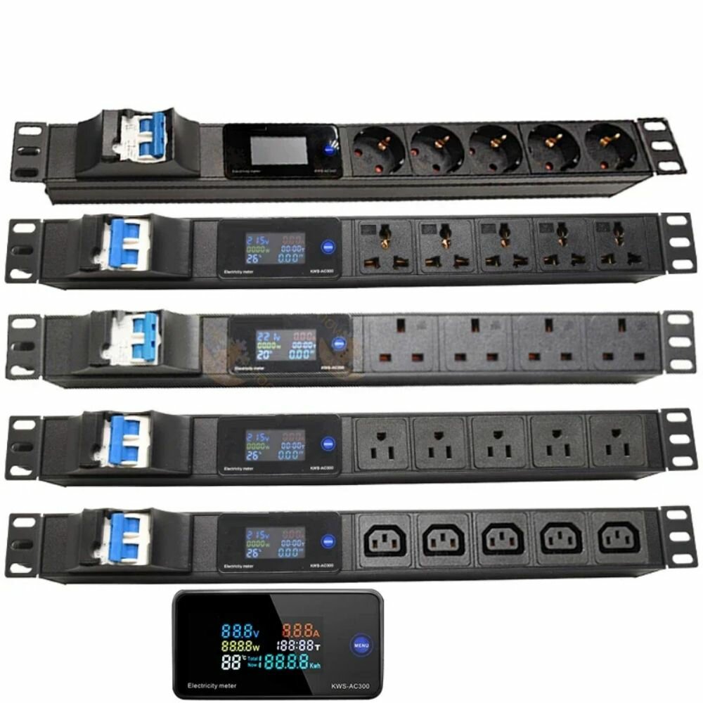 19-дюймовый шкаф-стойка, блок распределения питания (PDU), сетевой фильтр, стандарт EU/US/UK C13/универсальный, цифровой вольтметр, амперметр, ваттметр, 16/32A, 4000/8000W