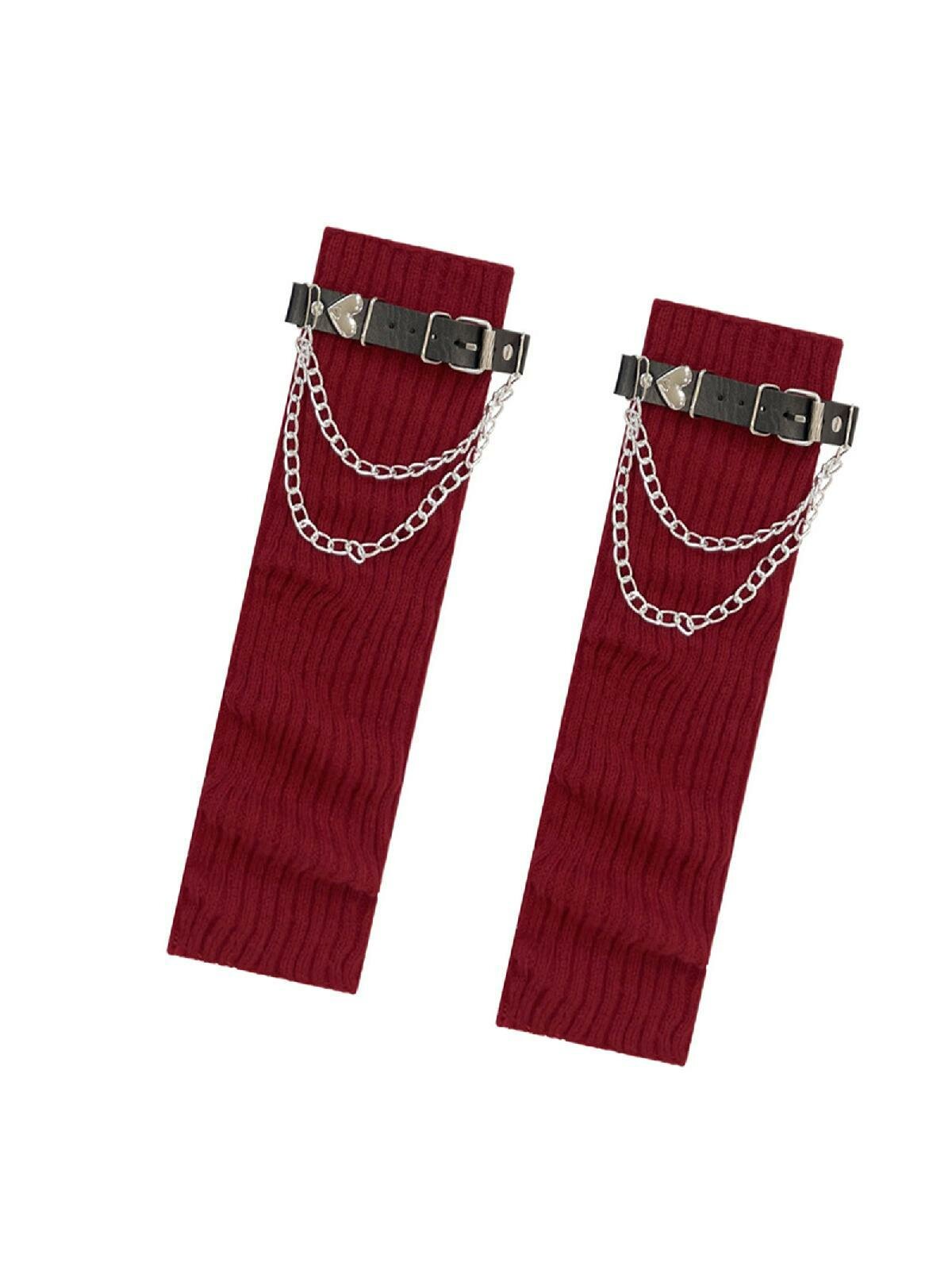 Вязаные гольфы с сердцами и кожаным ремнем, красный