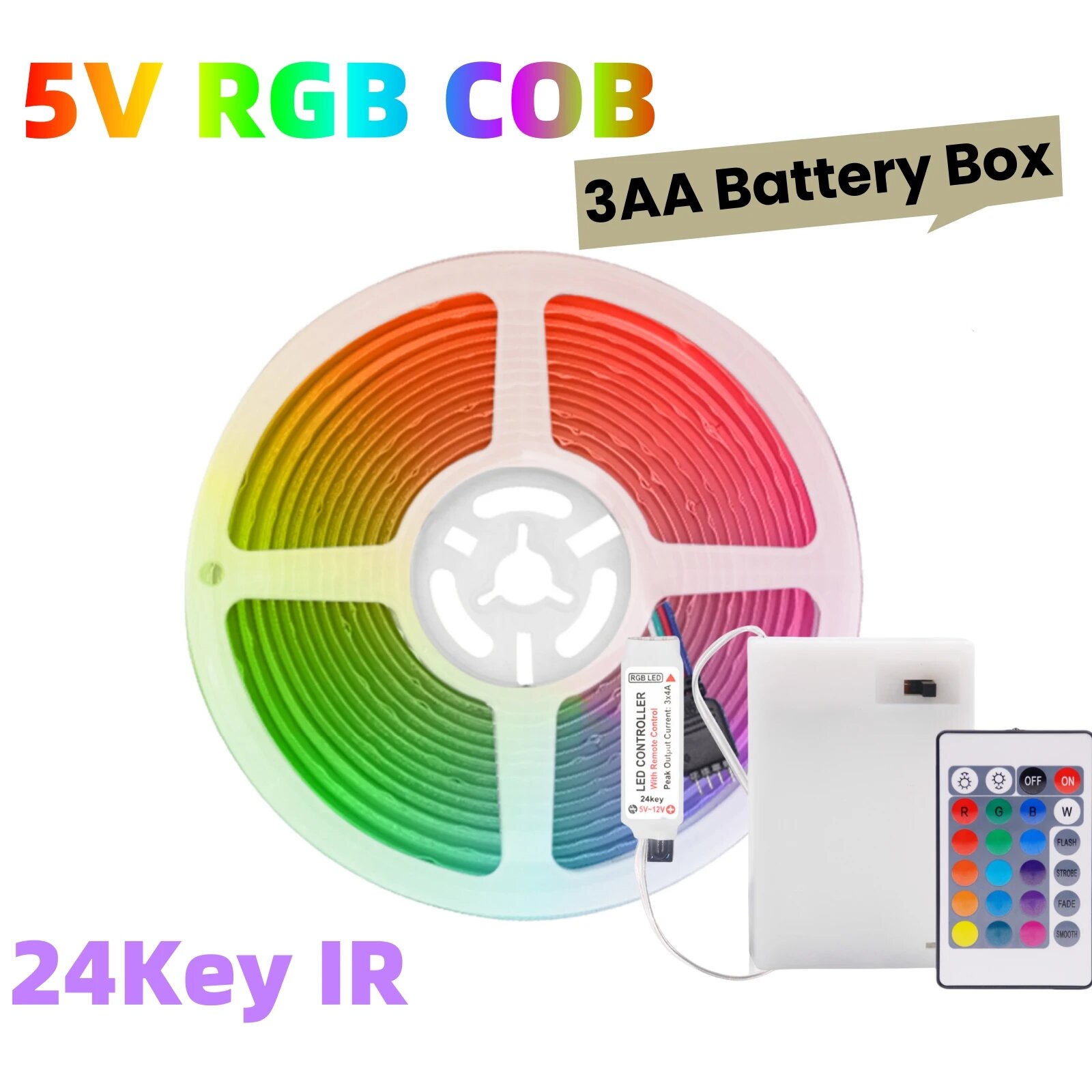 RGB COB лента 5V, 1 м, 24Key IR, Battery Box