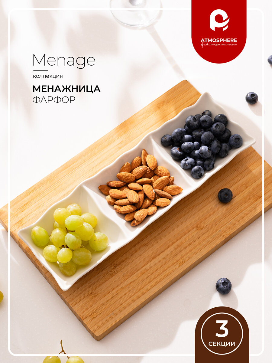 Менажница Atmosphere of Art «Menage», 3 секции, фарфор, для закусок, 30*9.5*3.5см