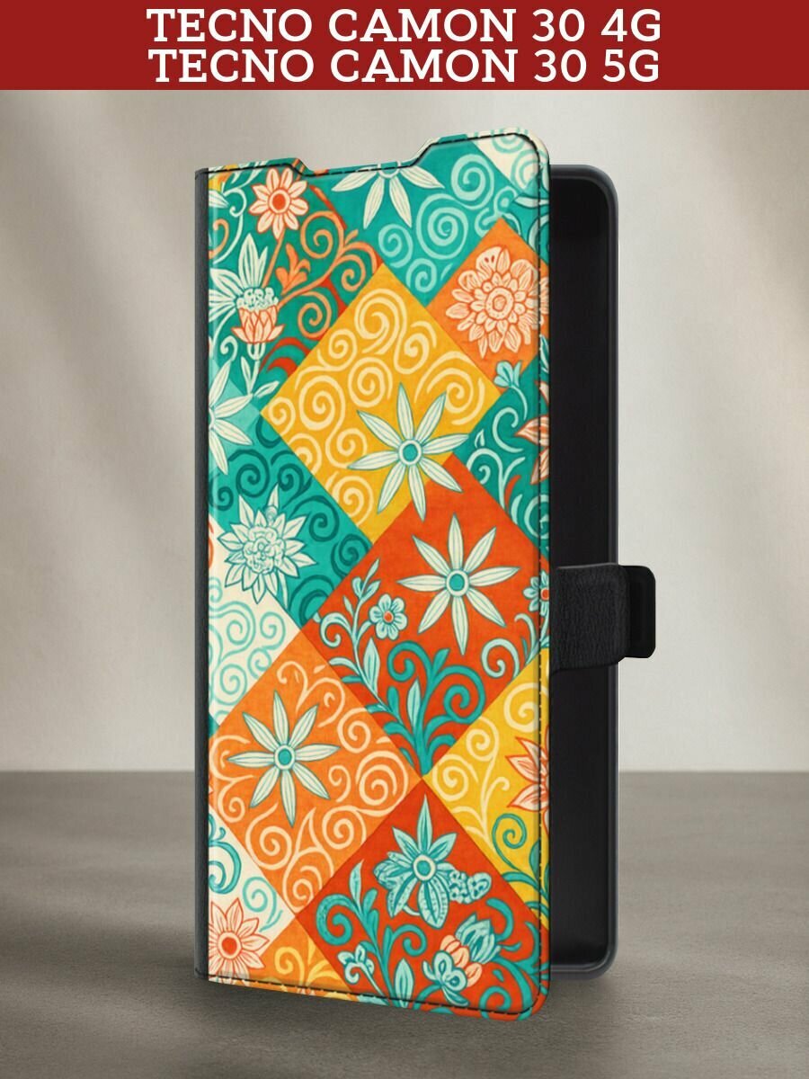 Чехол-книжка на Tecno Camon 30 4G/Tecno Camon 30 5G / Текно Камон 30 4G/Камон 30 5G с принтом Цветочная мозаика, черный