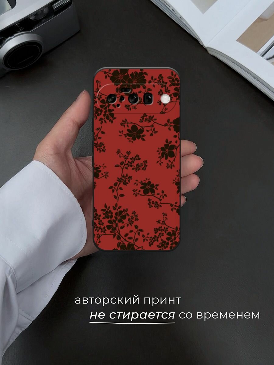 Черный матовый чехол на Google Pixel 10 / Гугл Пиксель 10 с принтом Черные цветы на красном — фото 1