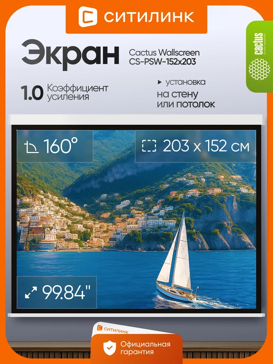 Экран проекционный Cactus Wallscreen CS-PSW-152x203, 203x152 см, 4:3, настенно-потолочный, рулонный, белый матовый, 99.84", 160° обзор