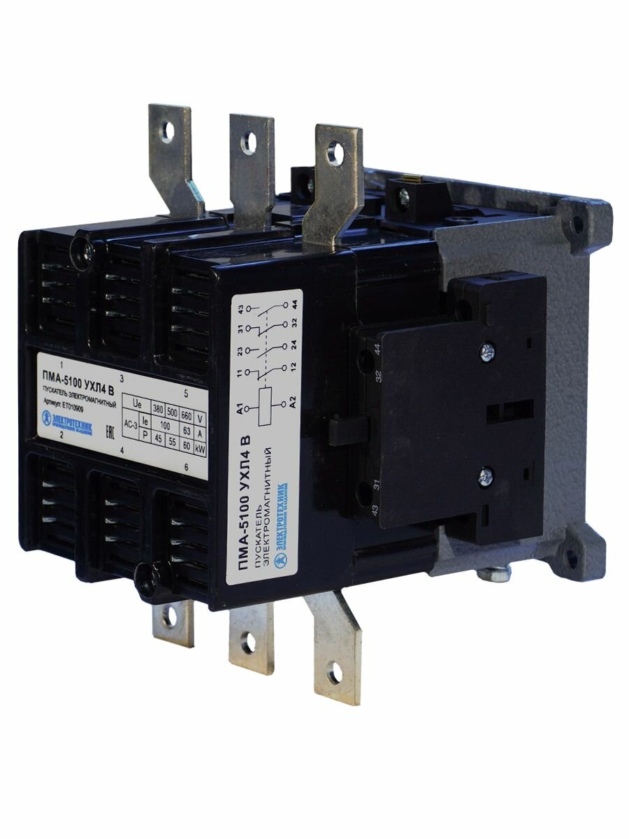 Пускатель электромагнитный Электротехник пятиполюсный, 100 А, катушка 380 В, 2з+2р, нереверсивный, без реле, IP00