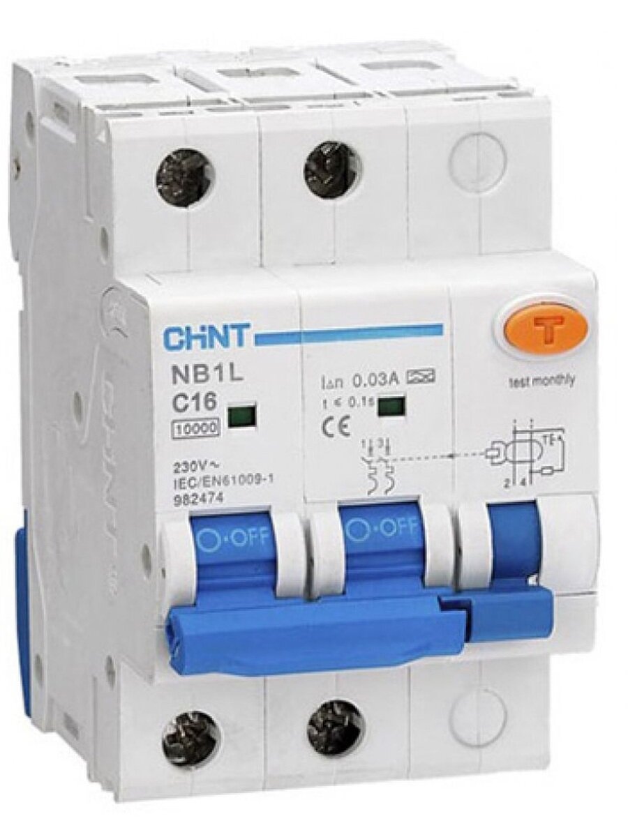 Автоматический выключатель CHINT 205091, тип C, ток утечки 30мА, 16A