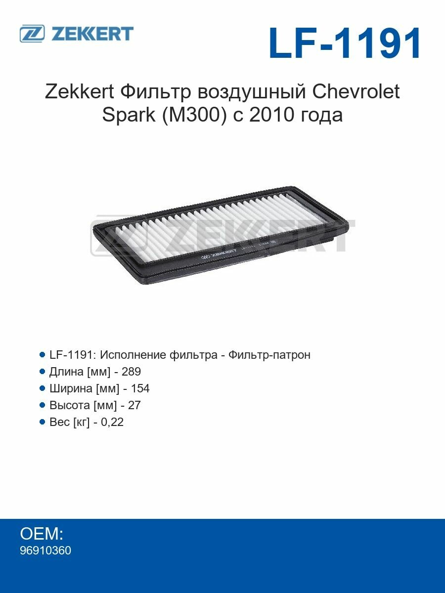 Zekkert Фильтр воздушный Chevrolet Spark (M300) с 2010 года