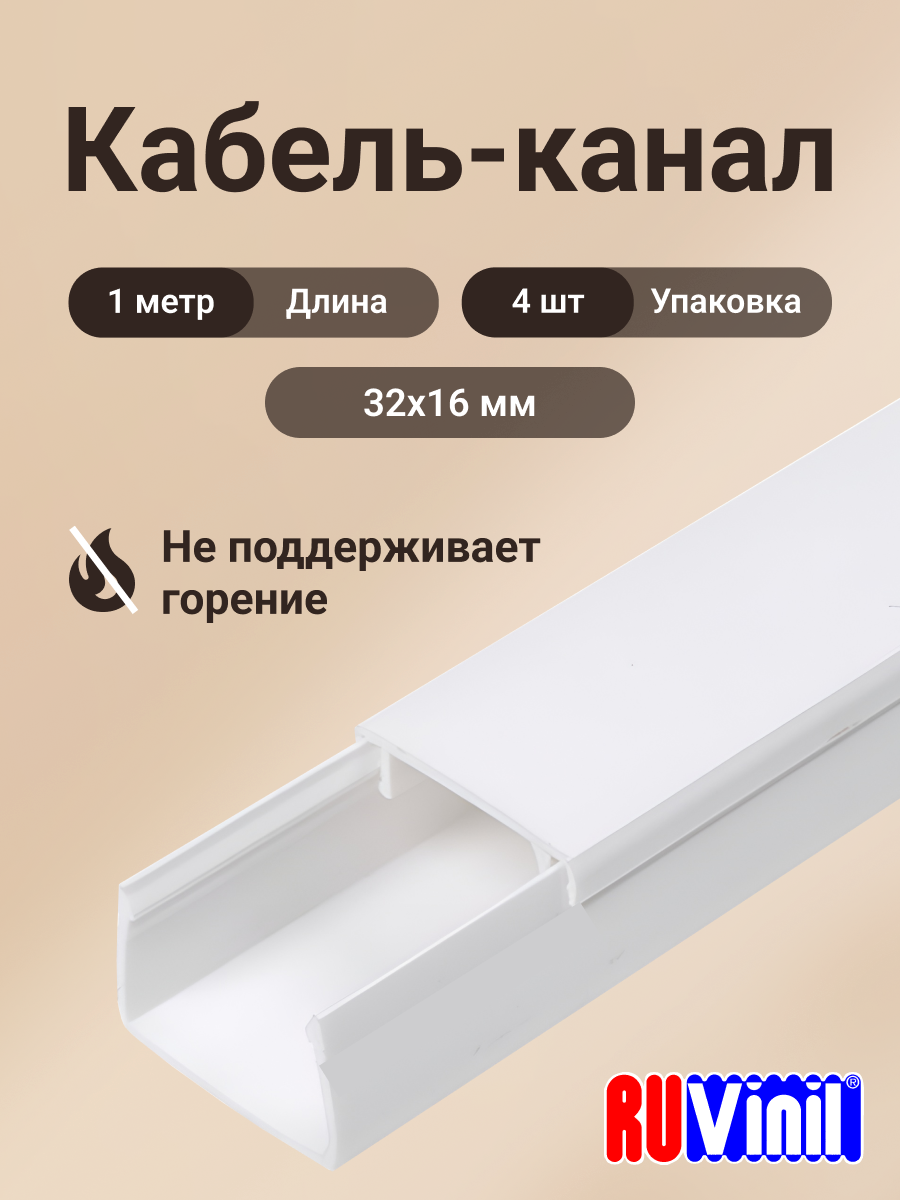 Кабель-канал для проводов Ruvinil ПВХ пластик L1000 белый 32х16 - 4шт