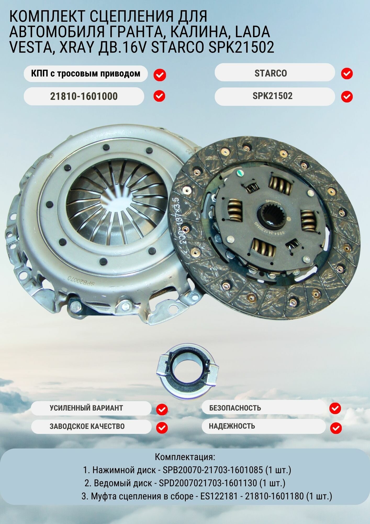 Комплект сцепления для автомобиля ВАЗ-2190 (Гранта), 2192, 2194 (Калина-2), LADA Vesta, XRAY дв.1.6 с МКПП и AMT