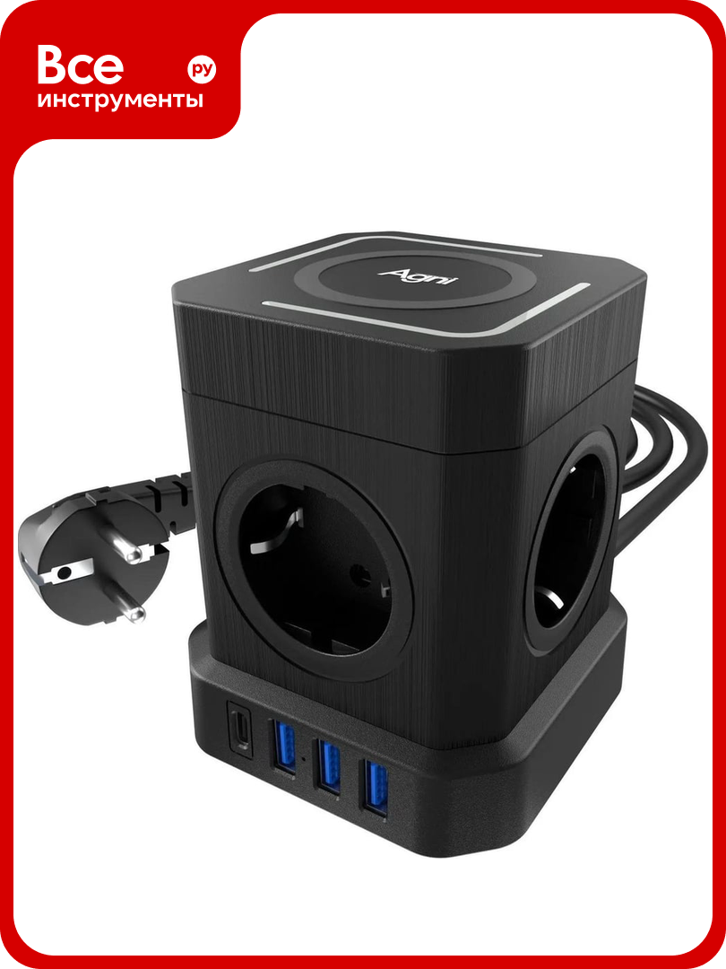 Сетевой фильтр AGNI башня, 5 розеток, 3 метра, 3 USB + 1 Type-C 20 Вт, чёрный TP-VE4U5E-C-W-3m-black