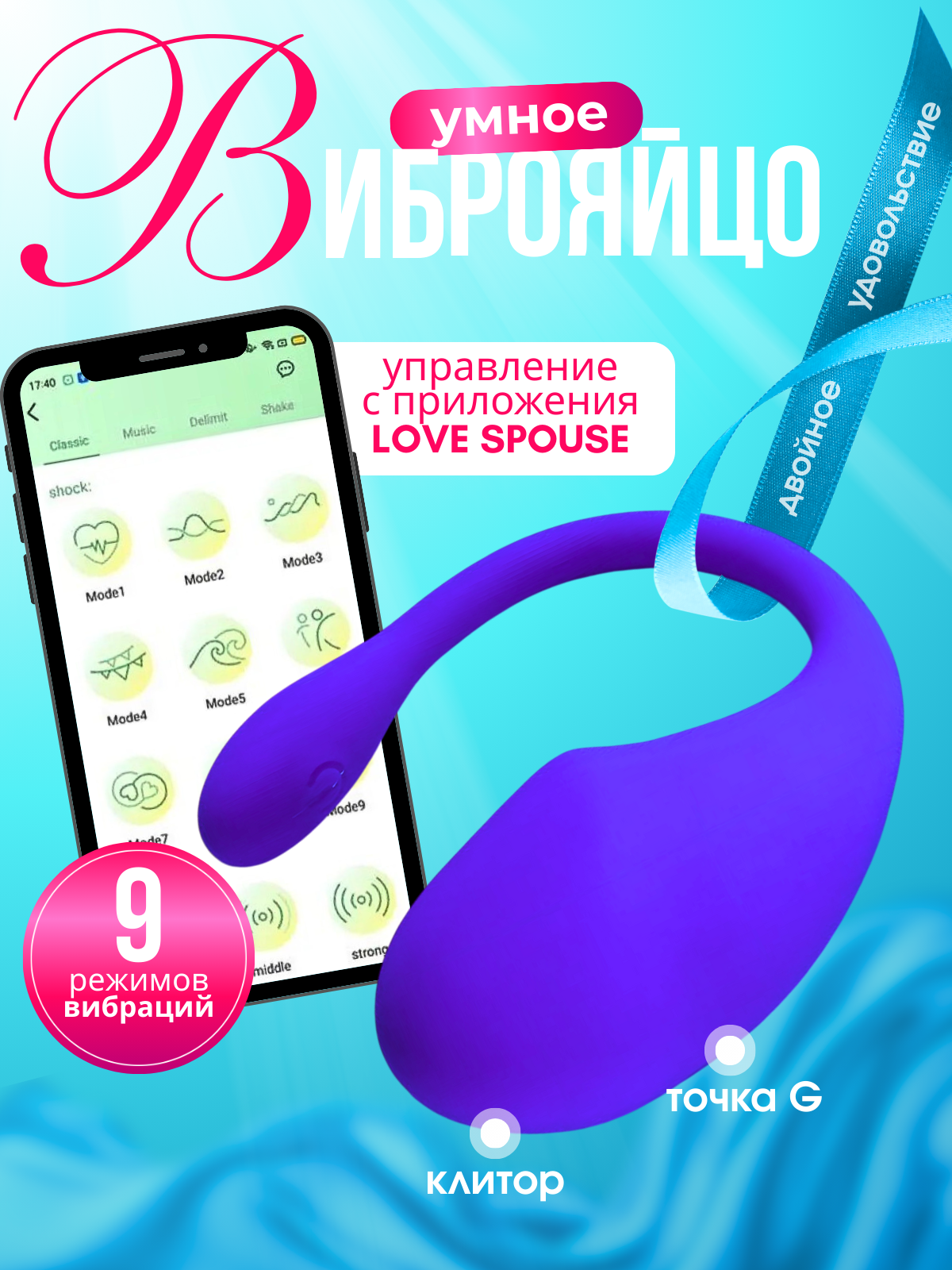 Вибратор для стимуляции клитора и точки G с дистанционным управлением через приложение Bluetooth фиолетовый