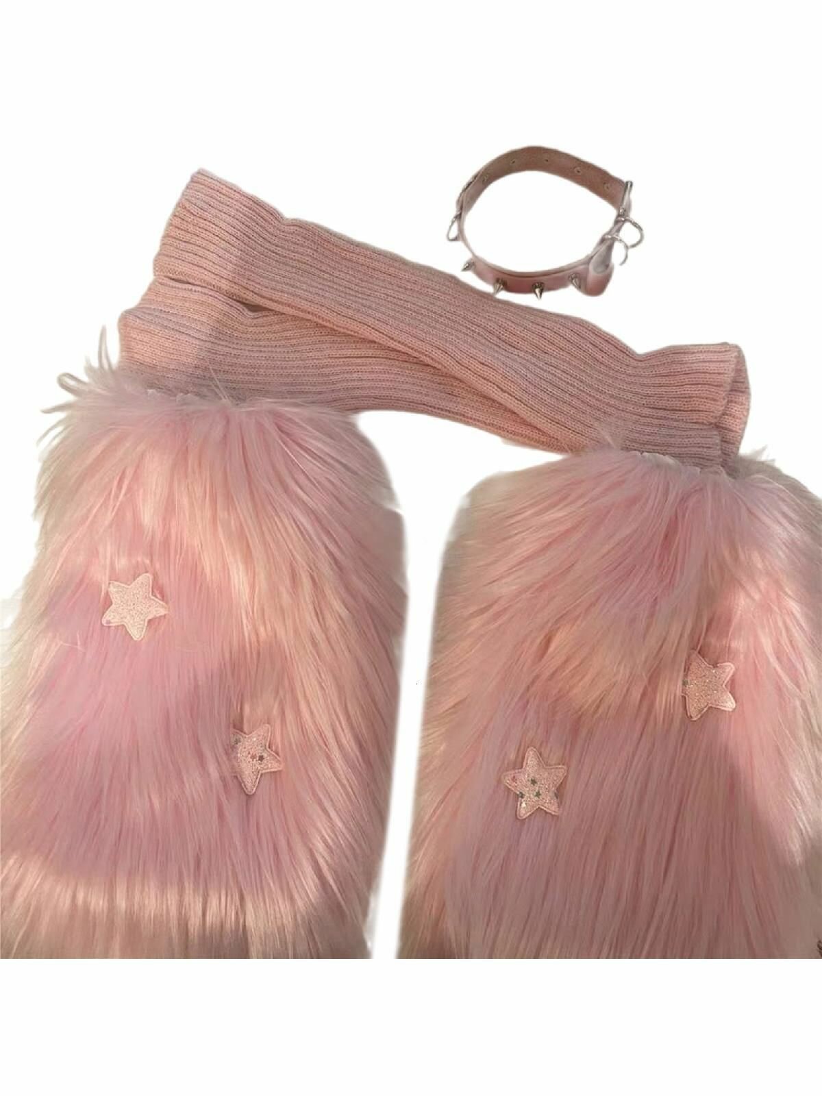 Женские готические пушистые гетры с заклепками и пояс, Розовый костюм