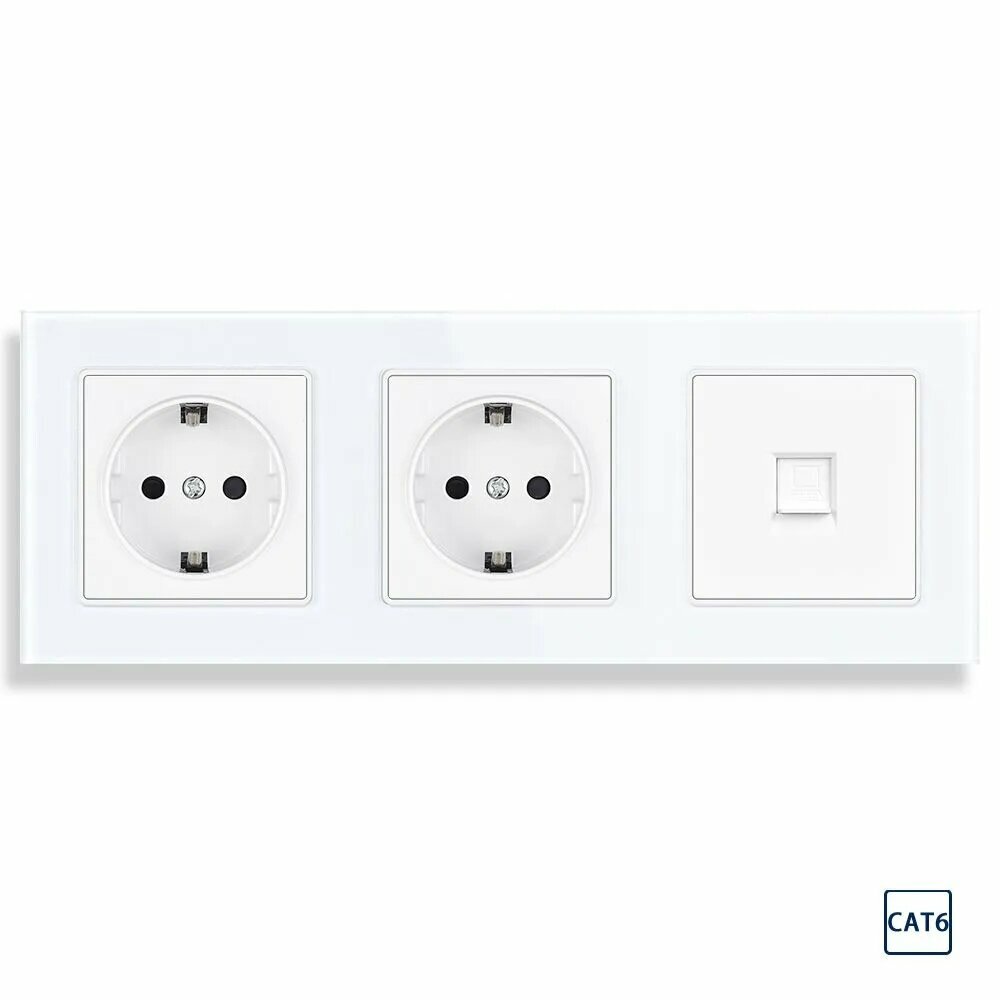 Розетка с заземлением 220В +розетка компьютерная rj45, 3 поста рамка закаленное стекло Белая