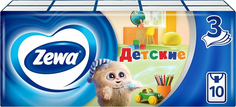 Платочки бумажные детские ZEWA Kids носовые, 3-слоя, 10x10шт
