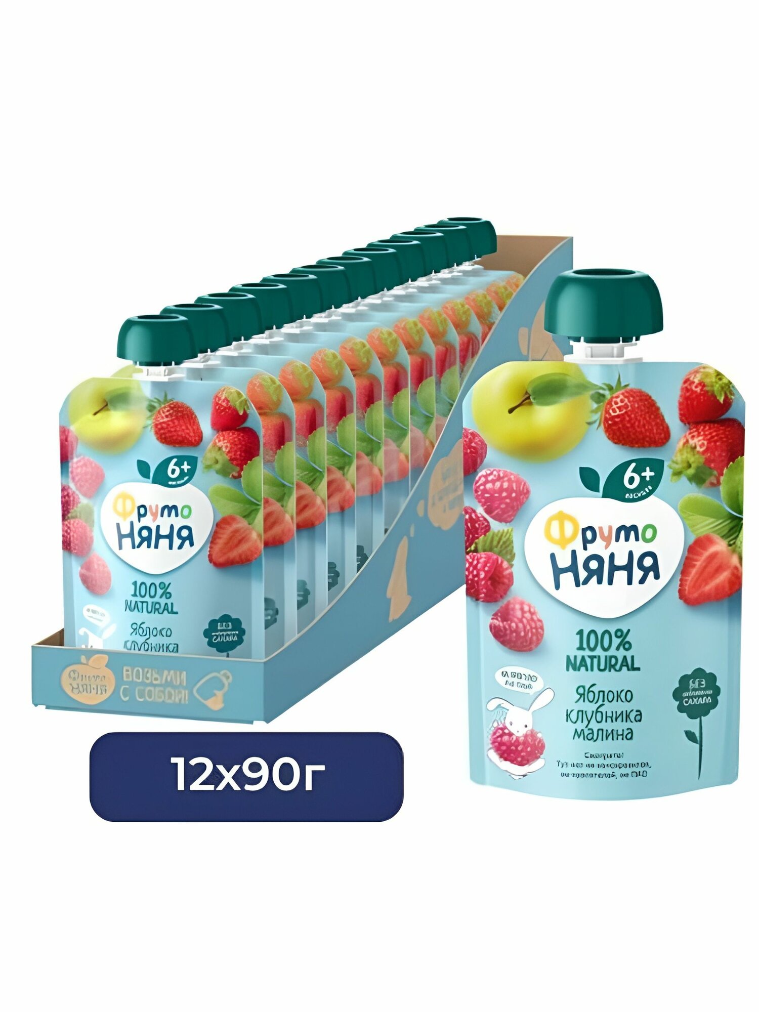 Пюре фруктовое ФрутоНяня с 6 месяцев, десерт из малины, клубники и яблок, 90г. Упаковка 12 шт.