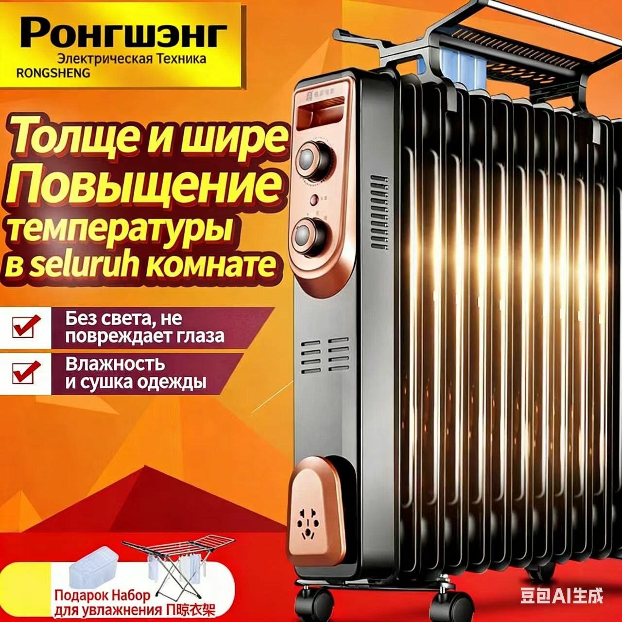 Радиатор масляный ENGY Loft EN-2409, 2000Вт, 9 секций, напольный, механический, черный/бежевый