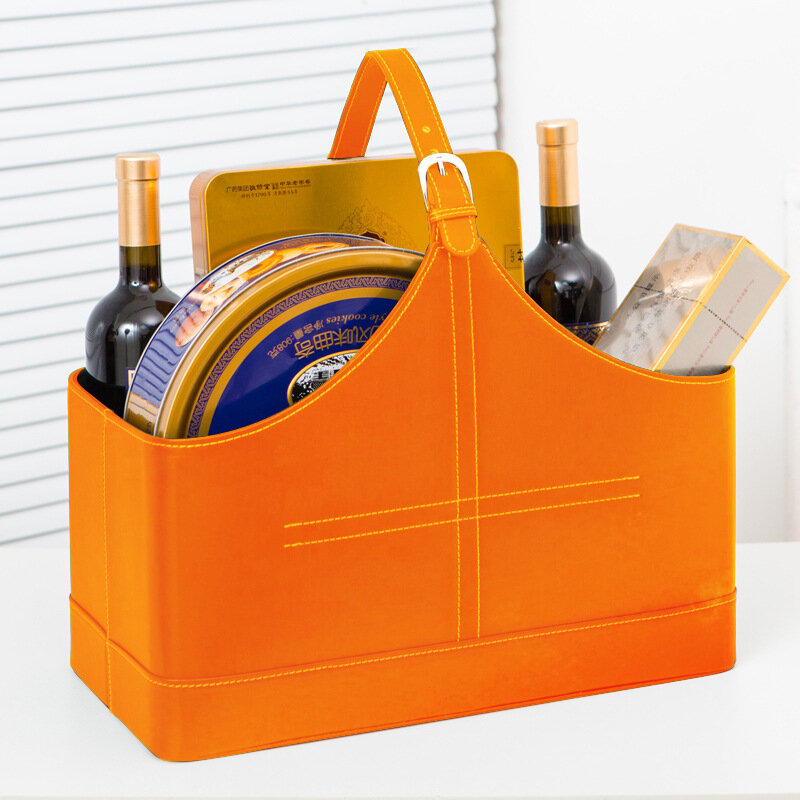 Кожаная корзина для подарков, корзина для хранения, корзина для красного вина, ручная корзина, упаковка для праздничных подарков, корзина для фруктов, кожаный контейнер для хранения