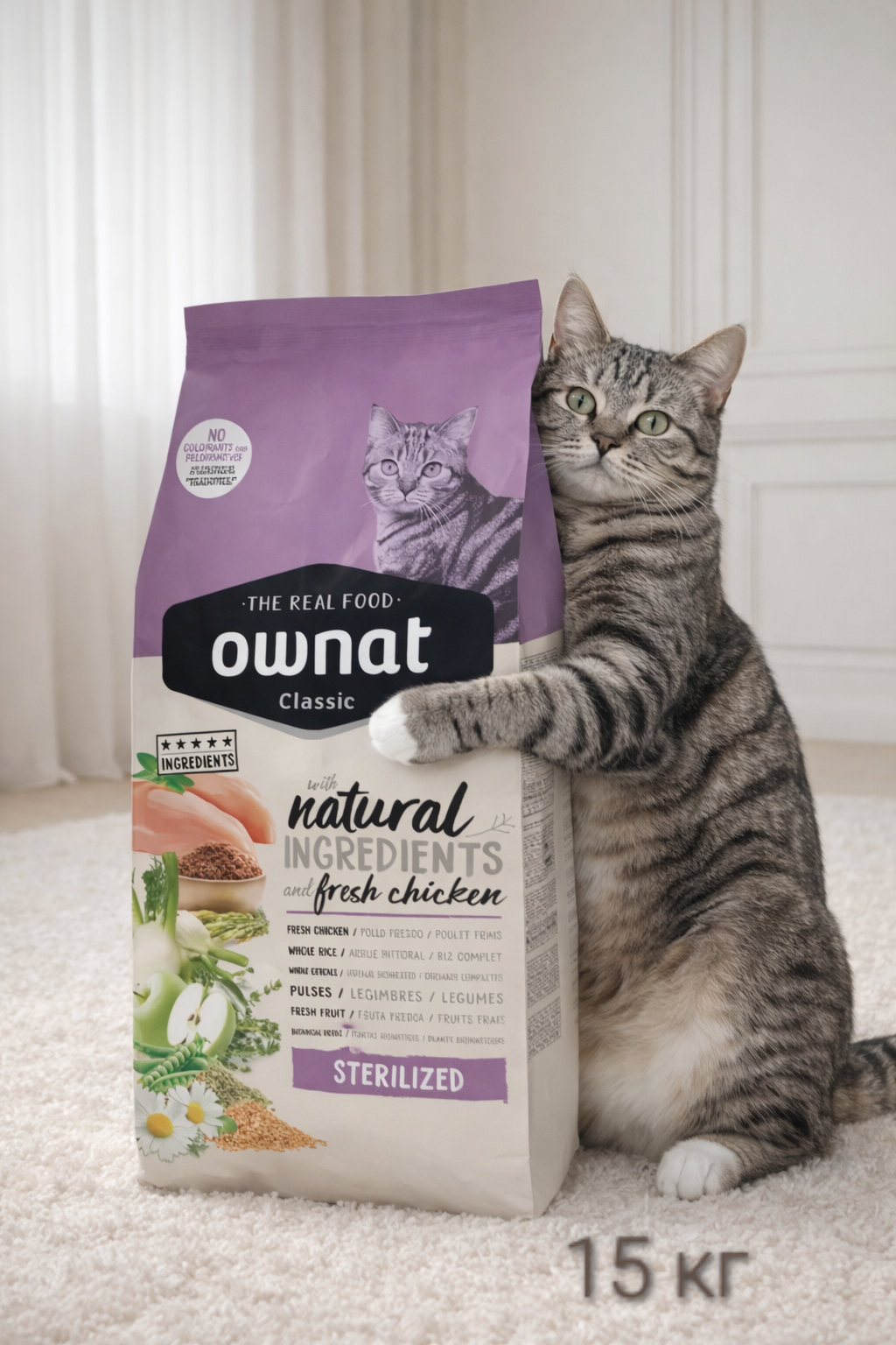 Корм Ownat "Adult Sterilized", для стерилизованных кошек, с курицей, 15 кг