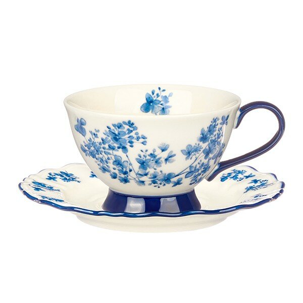 Чайная пара «Фиори», фарфор, 220 мл, цвет слоновая кость, синий (Kunstwerk)