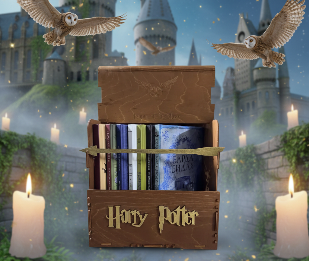 Гарри Поттер. Комплект 6 Учебников Хогвартса и Сказки Барда Бидля в деревянном сундуке+подарки