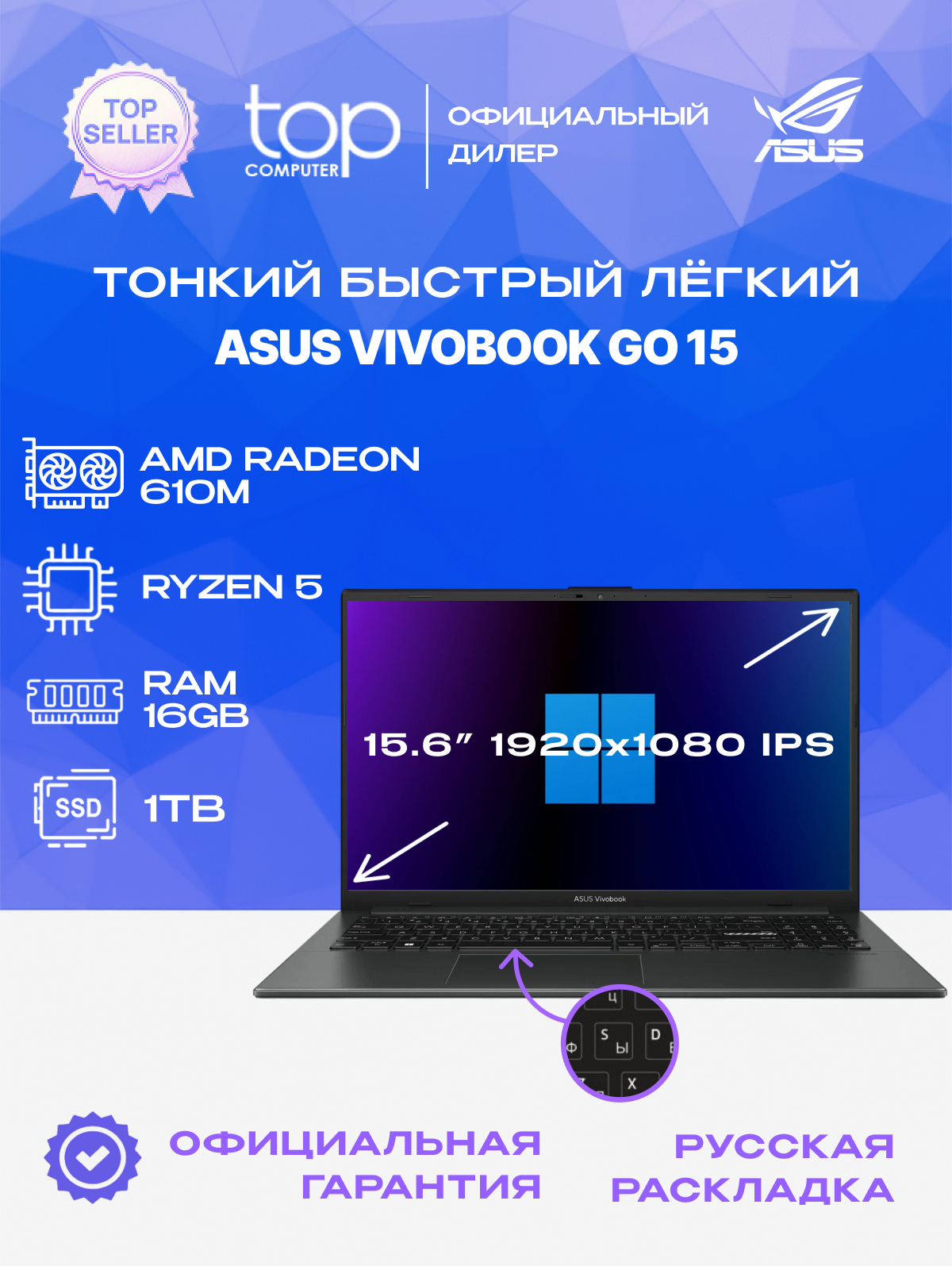 Ноутбук Asus Vivobook Go 15 15.6"FHD; IPS/R5 7520U/16GB/SSD 1TB/Radeon610M/noOS/черный