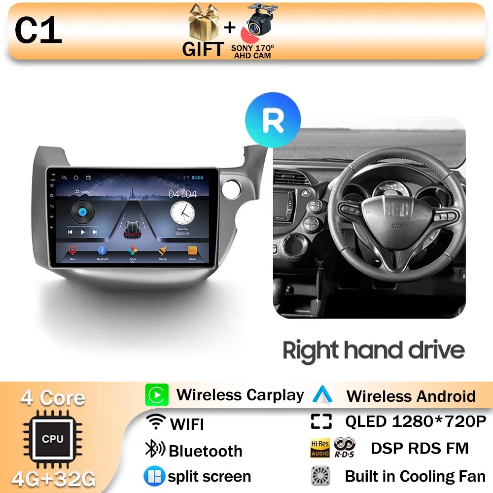 Android 14 для HONDA FIT JAZZ 2008 2009 2010 2011 2012 2013, автомобильная стереосистема, мультимедийная беспроводная Carplay Android Auto GPS 4G BT 4-32 AHD DVR