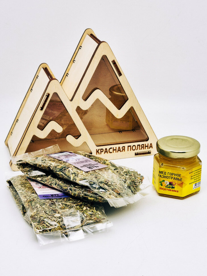 Набор Горы Краснополянский чай "для сауны и бани" 40гр и "Перевальный" 40гр +мед 50гр Красная поляна