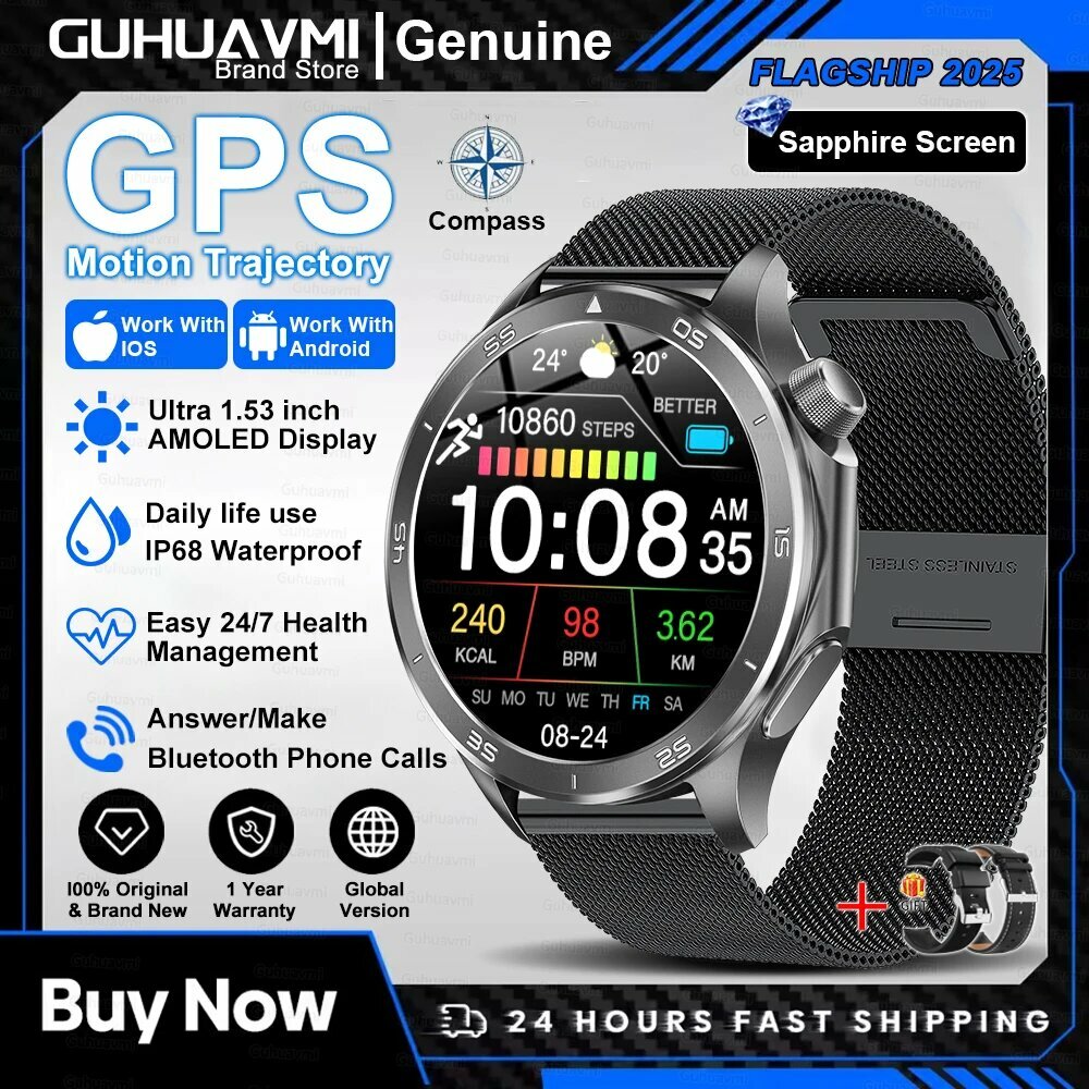 Умные часы GUHUAVMI 2035, GPS, AMOLED, Черный ремешок Mesh Belt 2A