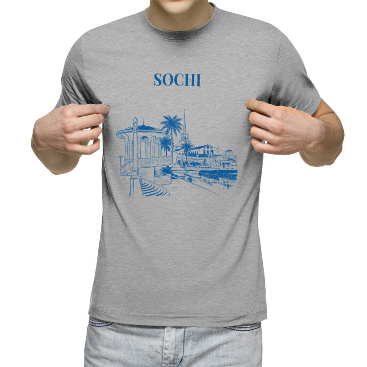 Мужская футболка «Сочи. Sochi. Набережная. Причал. Порт» (серый меланж, L)