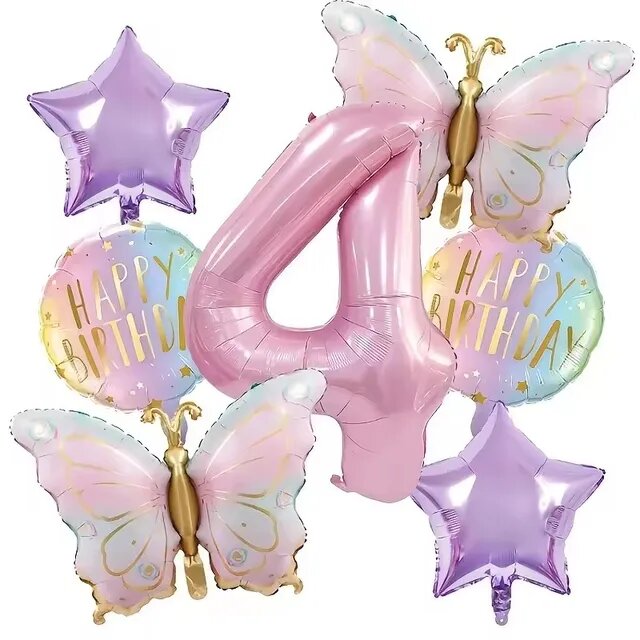 Набор из 7 розовых воздушных шаров в виде бабочек и цифр, идеально подходящий для празднования дня рождения, детских вечеринок, украшения вечеринки в честь рождения ребенка и других торжественных мероприятий.