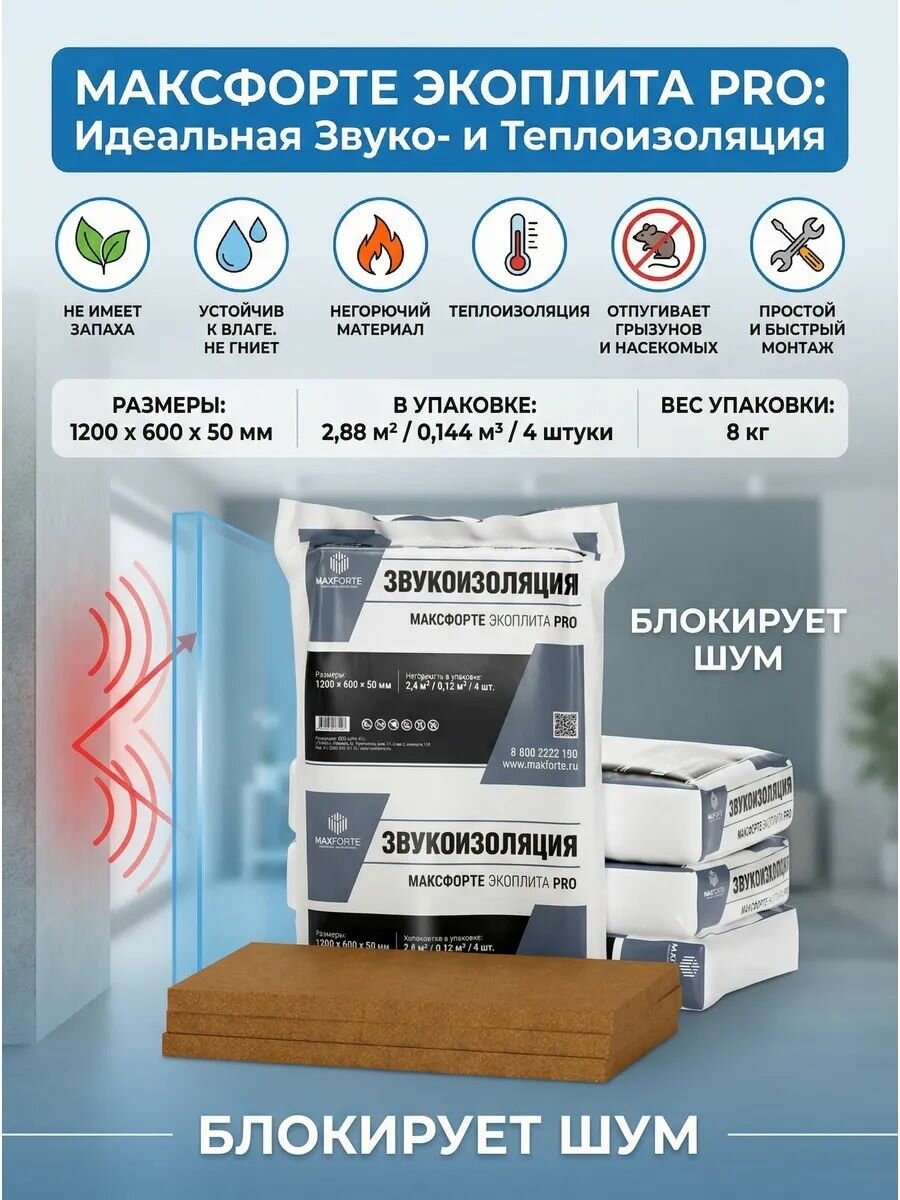 Звукоизоляция для стен и потолка МаксФорте ЭКОплита PRO площадь: 2,88 м2, 50 мм