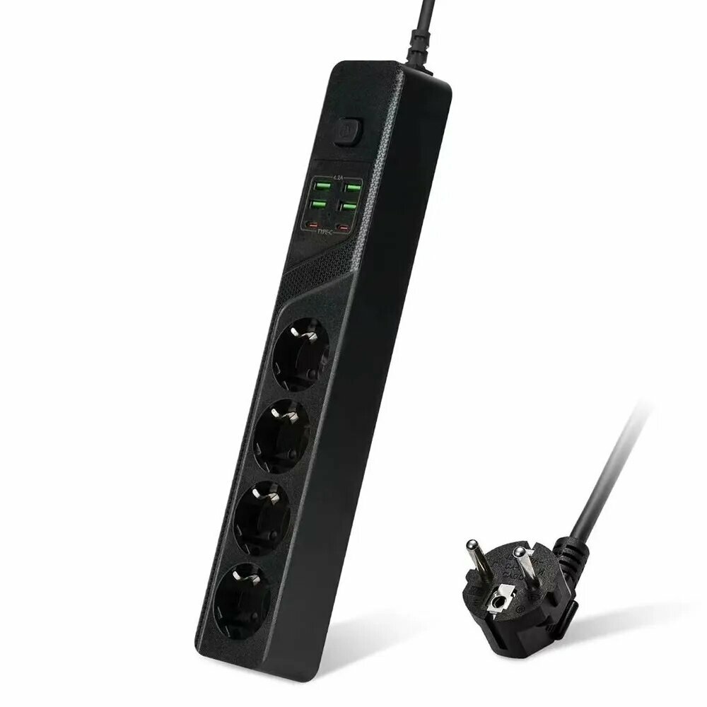 Сетевой фильтр, быстрая usb и type-c зарядка, пилот удлинитель для компьютера с заземлением, 2 метра