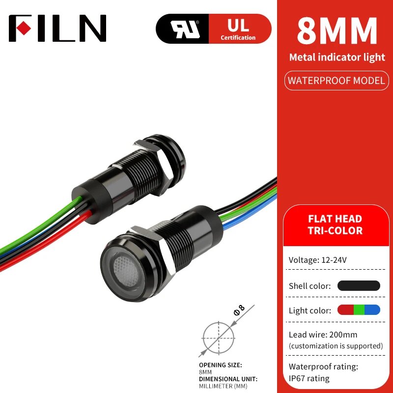 Двухцветный светодиодный индикатор FILN 8 мм 12/24 В A-8FW-T RGB-12V