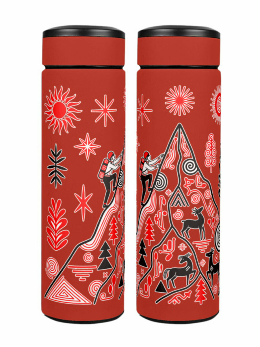 Термос «Альпинист - скалолаз в стиле мезенской росписи» (красный)