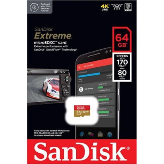 Карта памяти Sandisk Extreme micro SDXC 64Gb UHS-I U3 V30 A2 (170/80 MB/s)